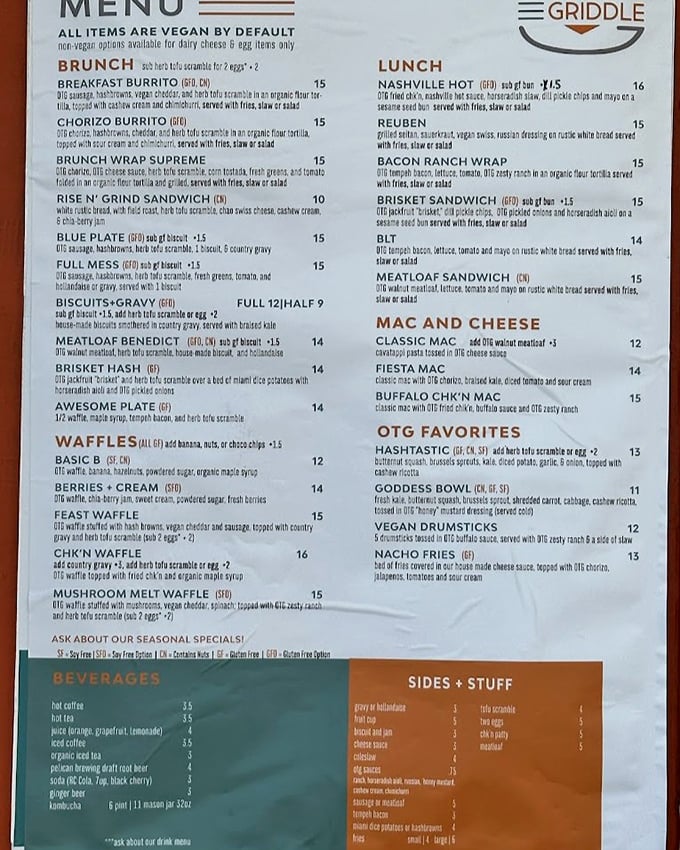 The menu reveals Off The Griddle's secret superpower: everything's vegan by default, with options to add dairy and eggs for the plant-curious.