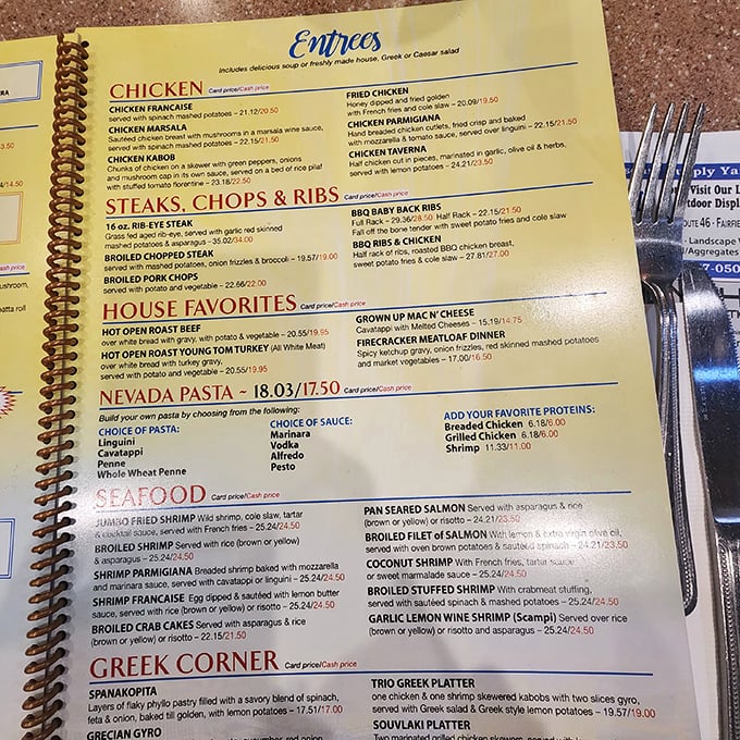 The menu at Nevada Diner isn't just extensive &ndash; it's a novel of culinary possibilities. From Greek specialties to comfort classics, decision paralysis never tasted so good.