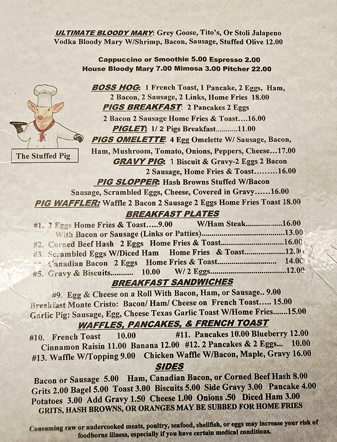 The menu reads like a love letter to pork products, with playful pig-themed names that promise to vanquish any level of morning hunger.