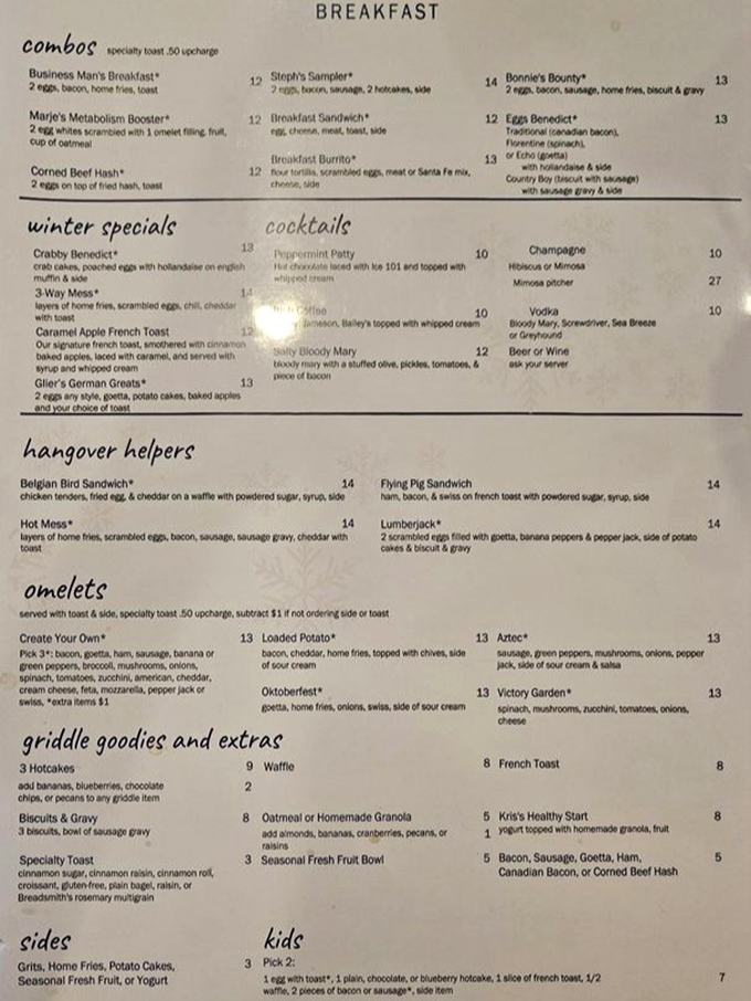 The menu reads like a love letter to breakfast classics, with sections like "Hangover Helpers" speaking directly to your Sunday morning soul.