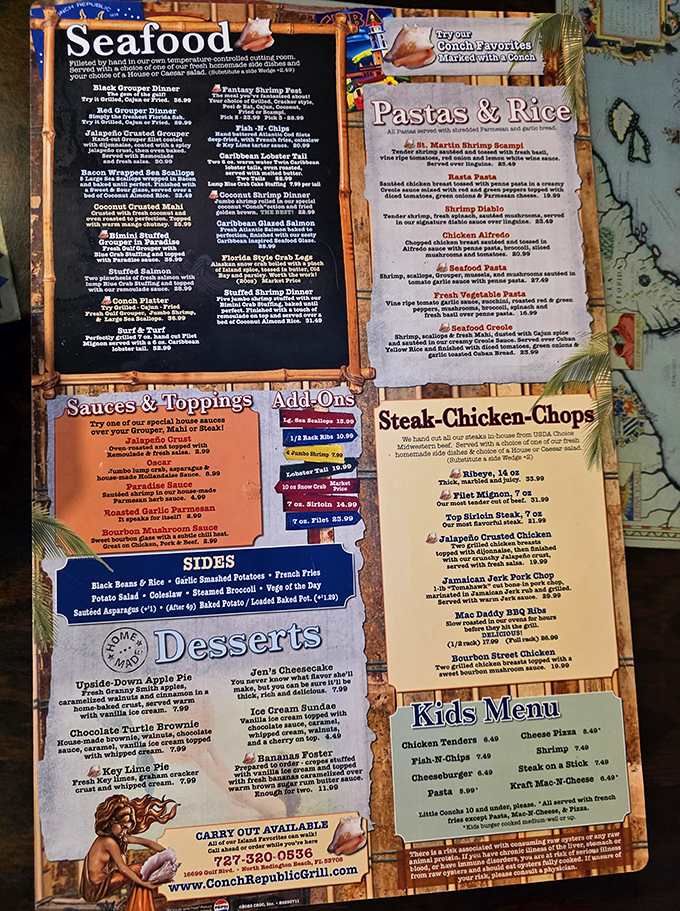 A menu that reads like a love letter to the sea. Each description makes your stomach growl louder than the Gulf during hurricane season.