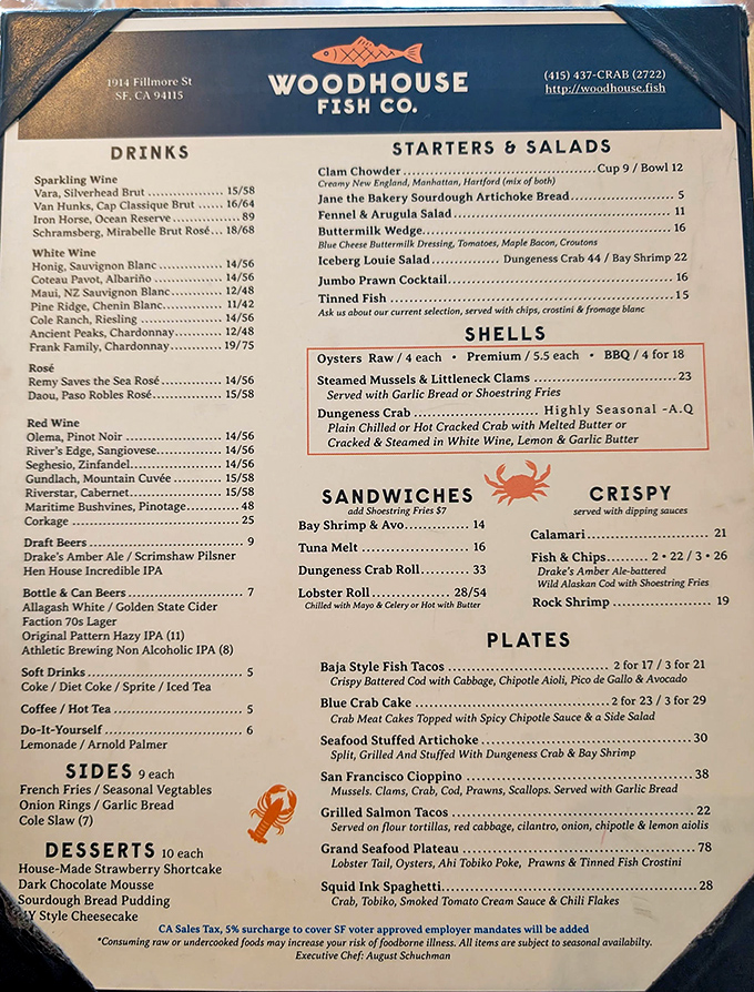 A menu that reads like poetry to seafood lovers. The hardest relationship you'll have today is choosing between the lobster roll and Dungeness crab.