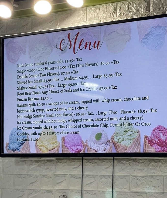 This isn't just a menu—it's a roadmap to happiness. From simple scoops to towering sundaes, your childhood dreams are listed in elegant script.
