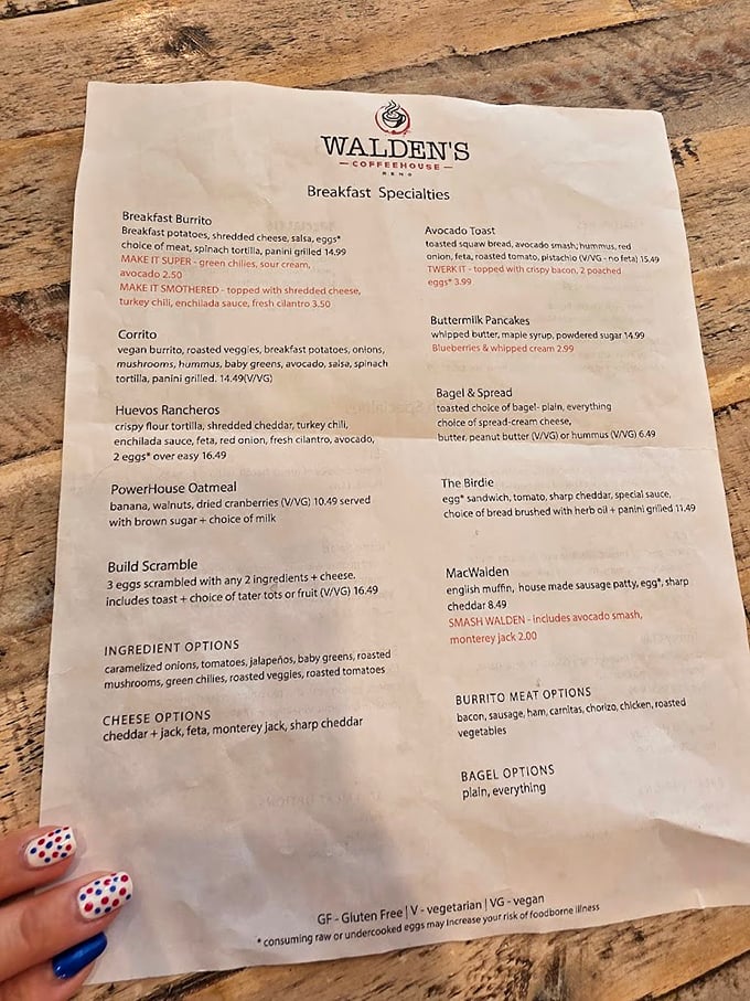 This isn't just a menu&mdash;it's a roadmap to breakfast nirvana. Notice how "SMASH WALDEN" jumps off the page like it knows something you don't.