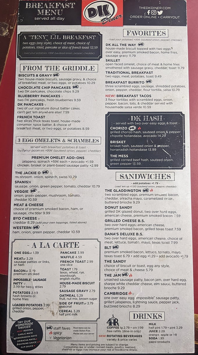 The menu reads like a love letter to breakfast. Notice how they don't just make pancakes&mdash;they make donut batter pancakes!