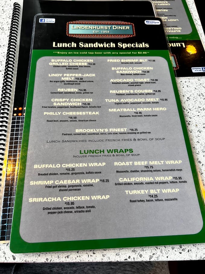 The menu at Lindenhurst Diner isn't just extensive&mdash;it's a spiral-bound epic that requires navigation skills and a hearty appetite.