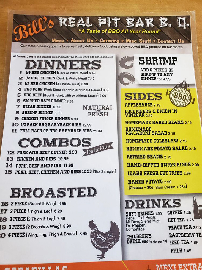 The menu reads like a love letter to meat lovers everywhere. Notice "broasted" chicken&mdash;a Midwestern treasure hiding in plain sight.