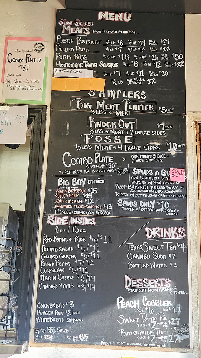 That chalkboard menu is like reading barbecue poetry—each line promising smoky delights that'll haunt your dreams for weeks to come.