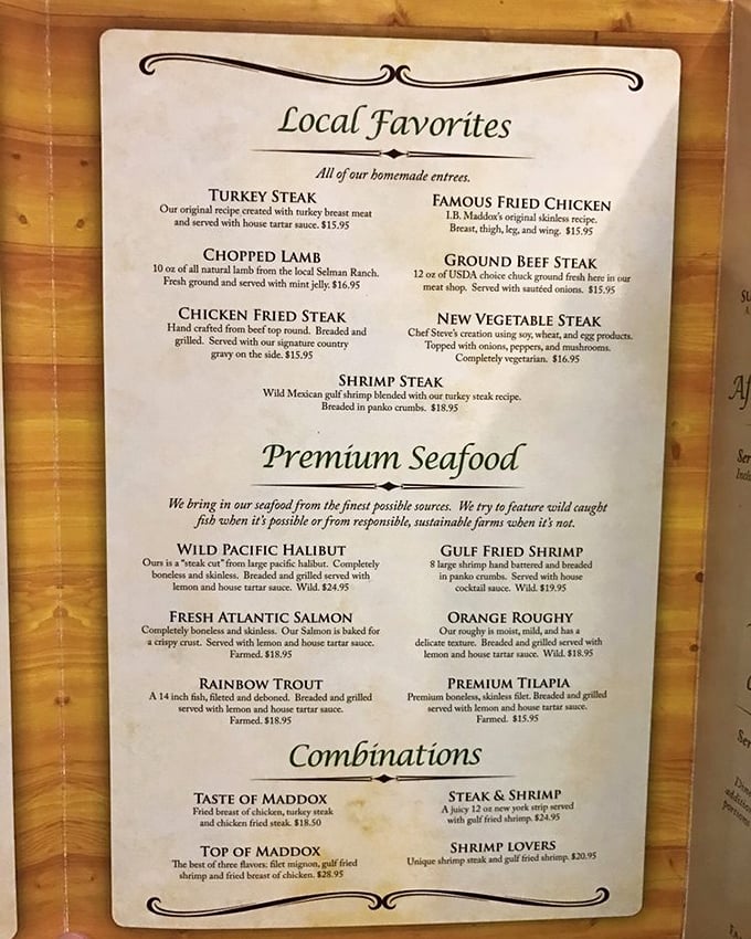 The menu reads like a love letter to American classics, with each description promising the kind of meal that creates lifelong memories.