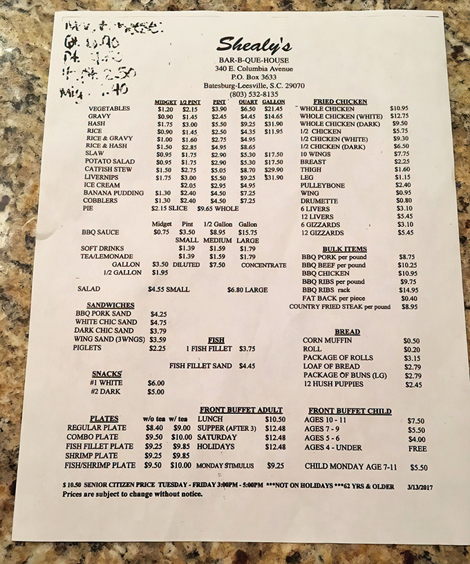 A menu that hasn't surrendered to inflation or fancy food trends. The holy scripture of South Carolina barbecue, preserved on paper.
