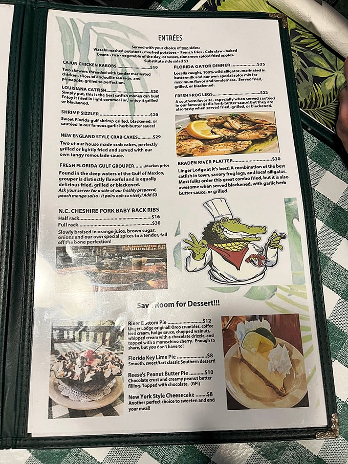 A menu that reads like a love letter to Florida's swamplands. The alligator illustration seems to be saying, "Try me, I dare you!"