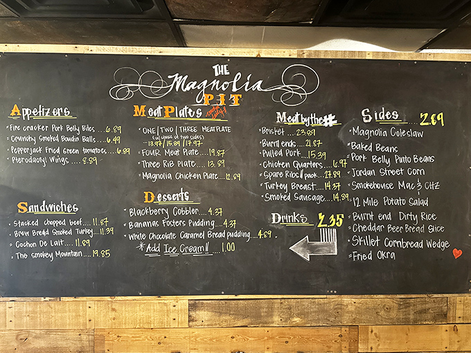A chalkboard menu that reads like barbecue poetry&mdash;each line promising smoky delights that'll haunt your dreams for weeks.