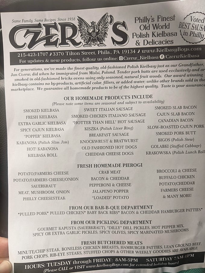 This menu isn't just a list – it's a Polish-American family tree of smoked, stuffed, and seasoned delights that have sustained generations.