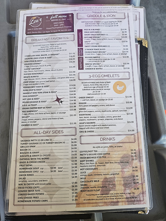 A menu that reads like comfort food poetry. No molecular gastronomy here, just the timeless classics that have been making mornings better for generations.