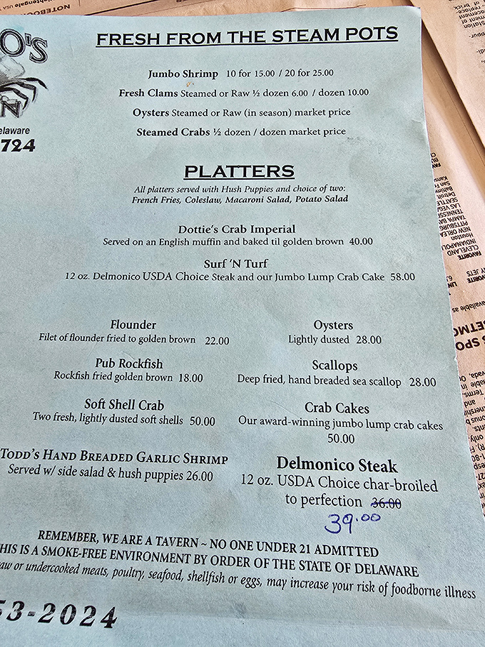 The menu reads like a love letter to the Delaware Bay&mdash;where "Fresh from the Steam Pots" isn't marketing speak, it's a literal description.