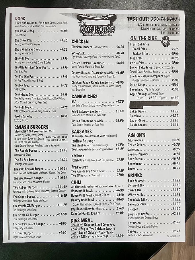 This menu isn't just a list&mdash;it's a roadmap to happiness, offering everything from classic dogs to burgers named after Cleveland football legends.