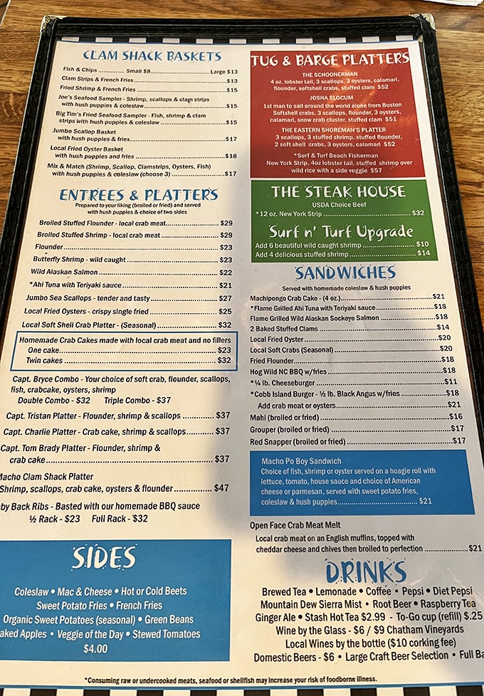 This menu isn't just a list of options&mdash;it's a maritime treasure map. The "Tug & Barge Platters" section alone could feed a small fishing village.