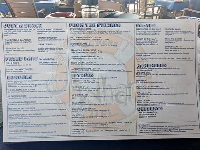 This menu isn't just a list&mdash;it's a treasure map. X marks the spot where seafood dreams come true, with crab cakes as the crown jewel.