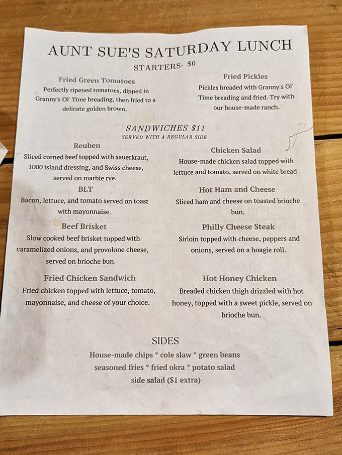 This menu isn't just a list of food options; it's a roadmap to happiness with stops at Fried Green Tomato Town and Hot Honey Chicken Village.