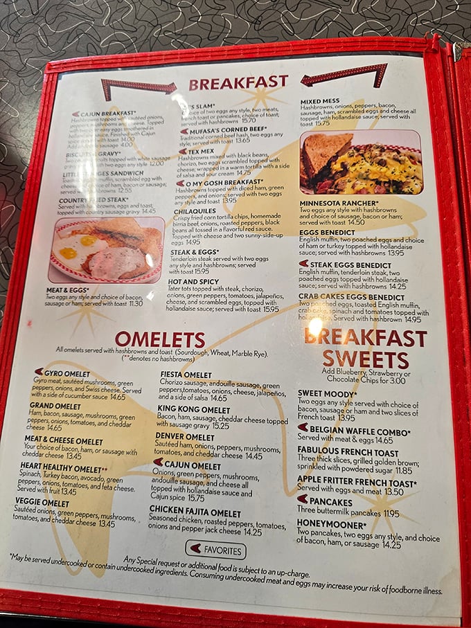 The menu reads like a love letter to breakfast classics. Each description promises the kind of meal that makes you cancel your lunch plans.