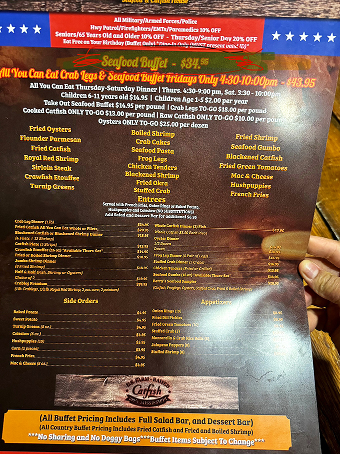 The menu board at Berry's reads like a love letter to Southern seafood traditions, with promises of crab legs that'll make you consider moving to Florence permanently.