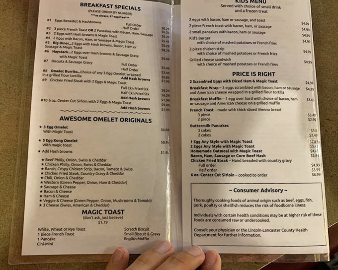 The menu reads like a love letter to American breakfast classics. "Magic Toast" isn't just clever marketing&mdash;it's the diner equivalent of finding an extra $20 in your pocket.