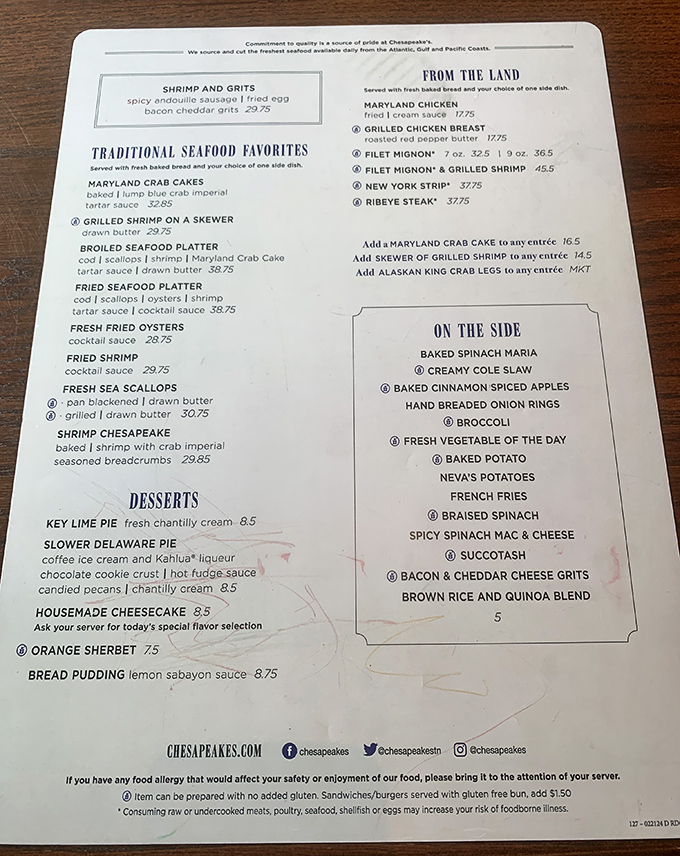 This menu reads like a love letter to seafood enthusiasts &ndash; each item promising a vacation for your taste buds without leaving Tennessee.