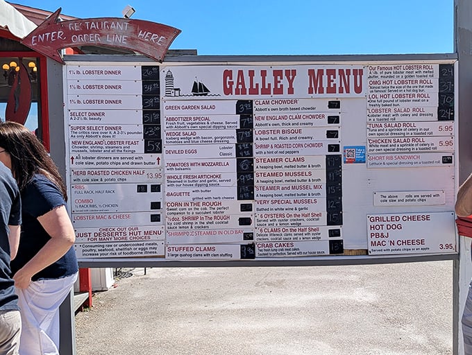 The legendary "Galley Menu" &ndash; where life-changing decisions are made daily. Should you get the famous hot lobster roll or the even more famous OMG version?
