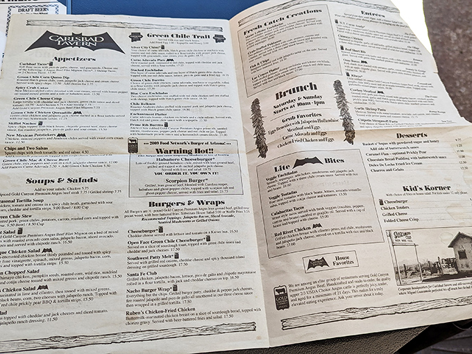 A menu that reads like a love letter to New Mexican cuisine. The "Warning: Hot!" section isn't kidding, folks&mdash;consider yourself officially notified.