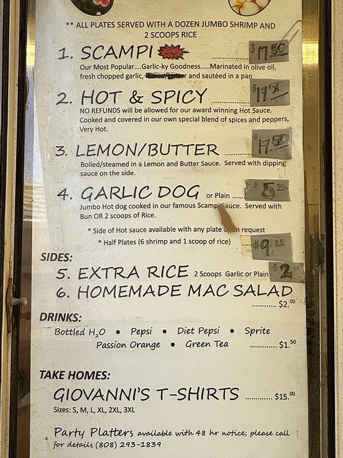 A menu so straightforward it's practically zen. Four main options, each promising a dozen jumbo shrimp and that warning about the hot sauce is no joke.