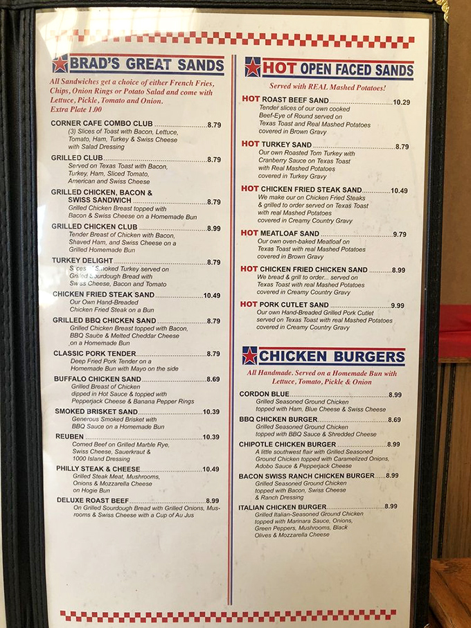 The menu reads like a love letter to American comfort food&mdash;where "Brad's Great Sands" aren't beaches, but sandwiches requiring both hands and possibly a strategy session.