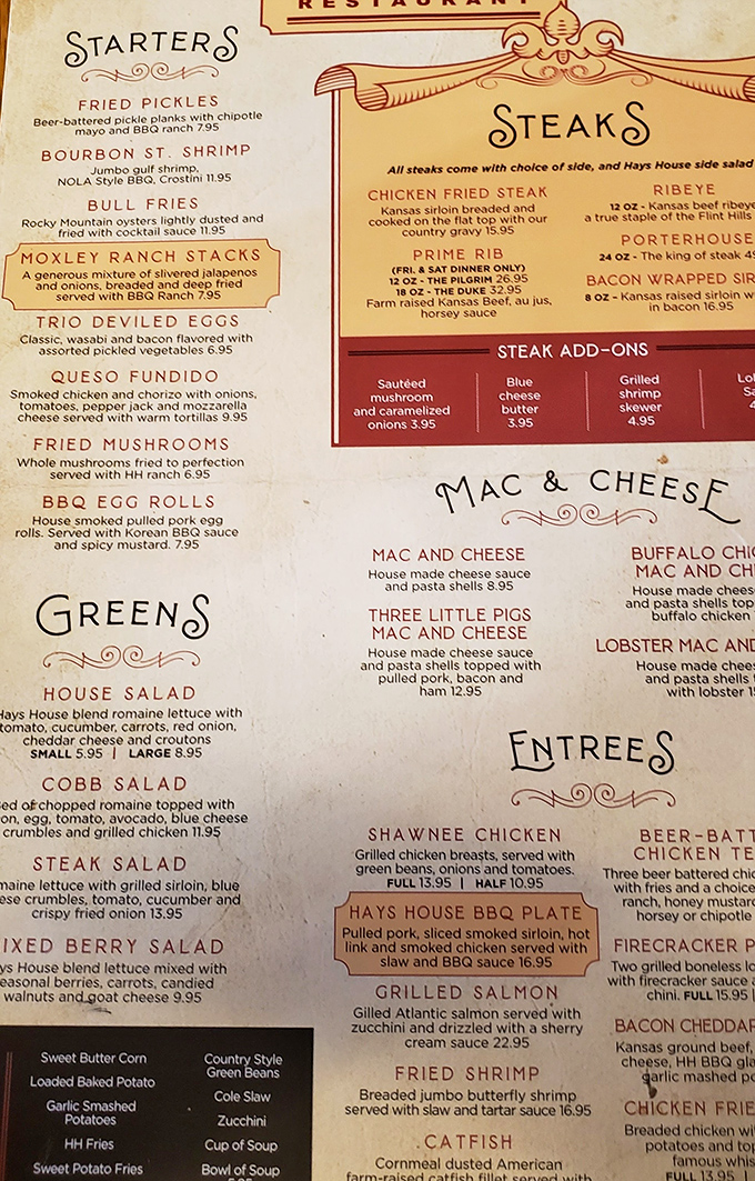 A menu that reads like a love letter to heartland cuisine, with that chicken fried steak practically winking at you from the page.