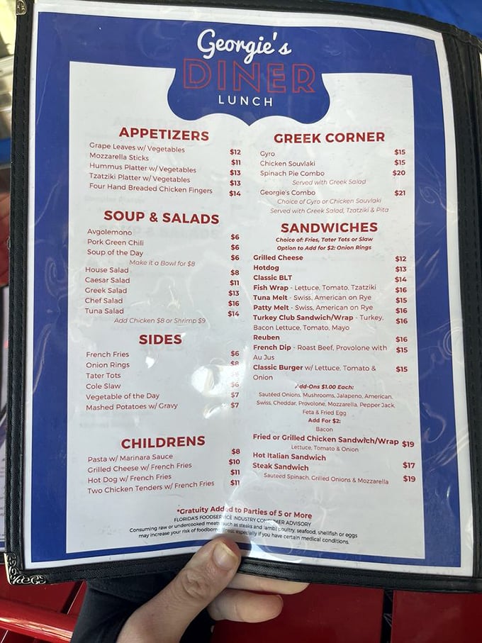 The menu at Georgie's reads like a greatest hits album of comfort food classics, with a special Greek corner that hints at Mediterranean influences.
