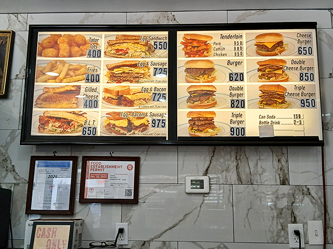 A menu board of dreams where decisions become deliciously difficult. Notice the "Cash Only" sign &ndash; some traditions never change. 