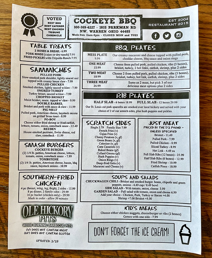 A menu that reads like barbecue poetry&mdash;no fancy adjectives needed when your brisket speaks for itself. The "Don't Forget The Ice Cream!" reminder is life advice worth following.