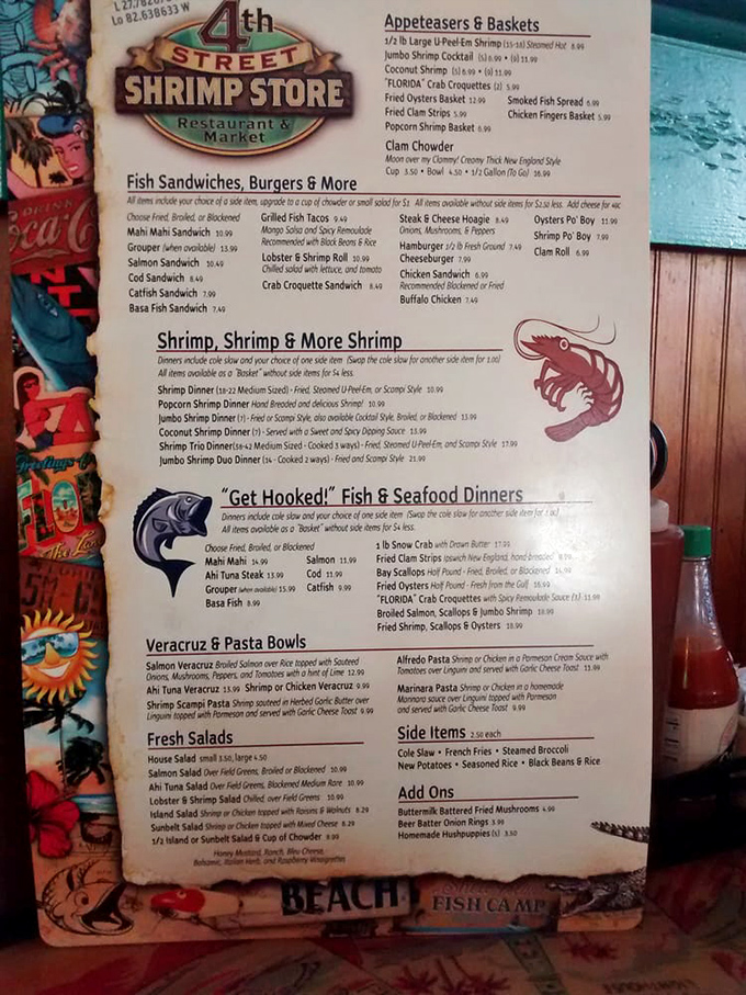 The menu reads like a love letter to the ocean. "Shrimp, Shrimp & More Shrimp" isn't just a section title&mdash;it's a life philosophy worth embracing.