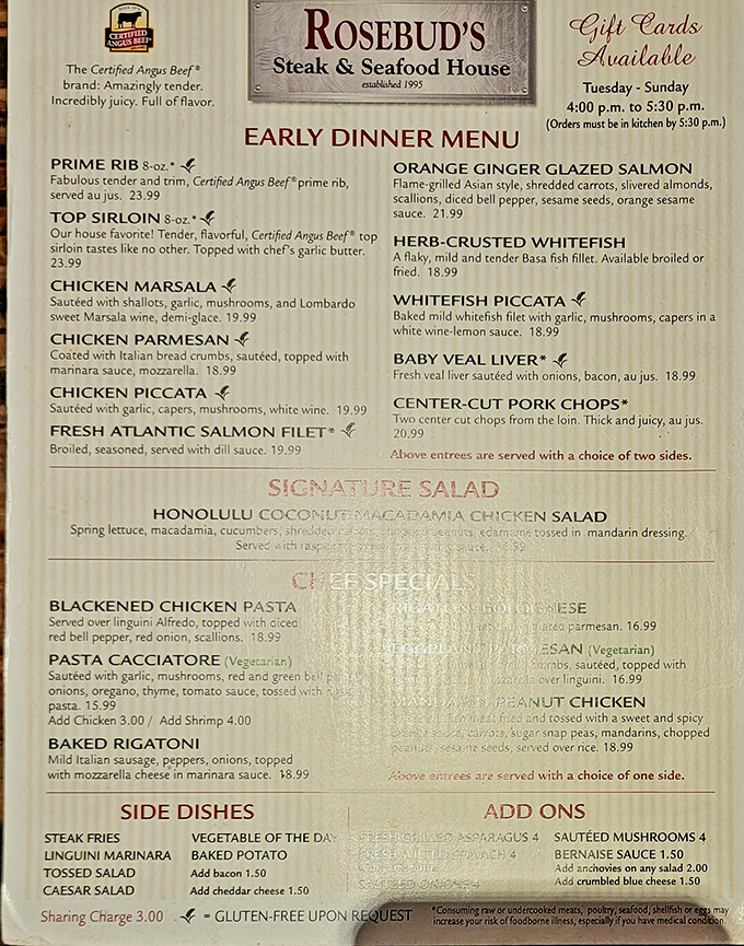 The menu reads like a love letter to carnivores and seafood enthusiasts alike. Each description promises a flavor journey worth taking.