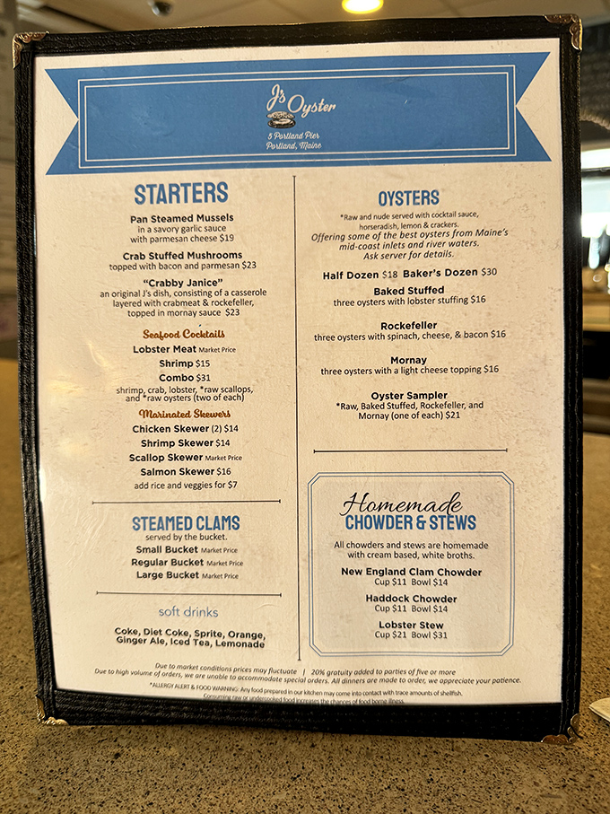 This menu isn't just a list&mdash;it's a maritime treasure map. Each item promises an oceanic adventure that'll have your taste buds sending thank-you notes.