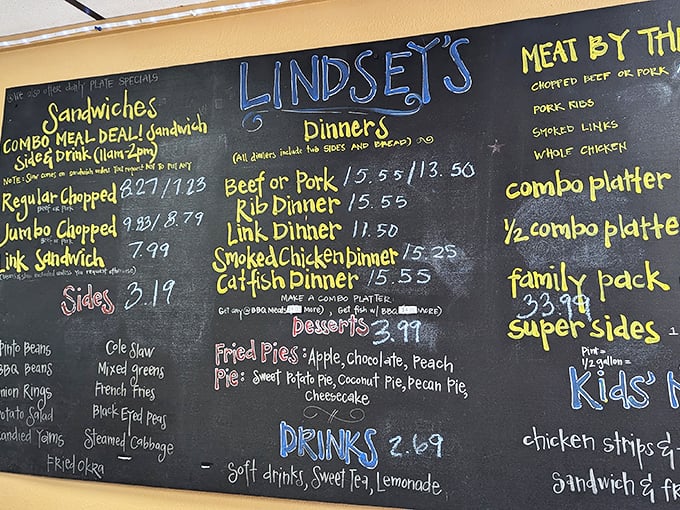 The chalkboard menu at Lindsey's tells you everything you need to know&mdash;this place isn't about fancy descriptions, just honest-to-goodness BBQ excellence.