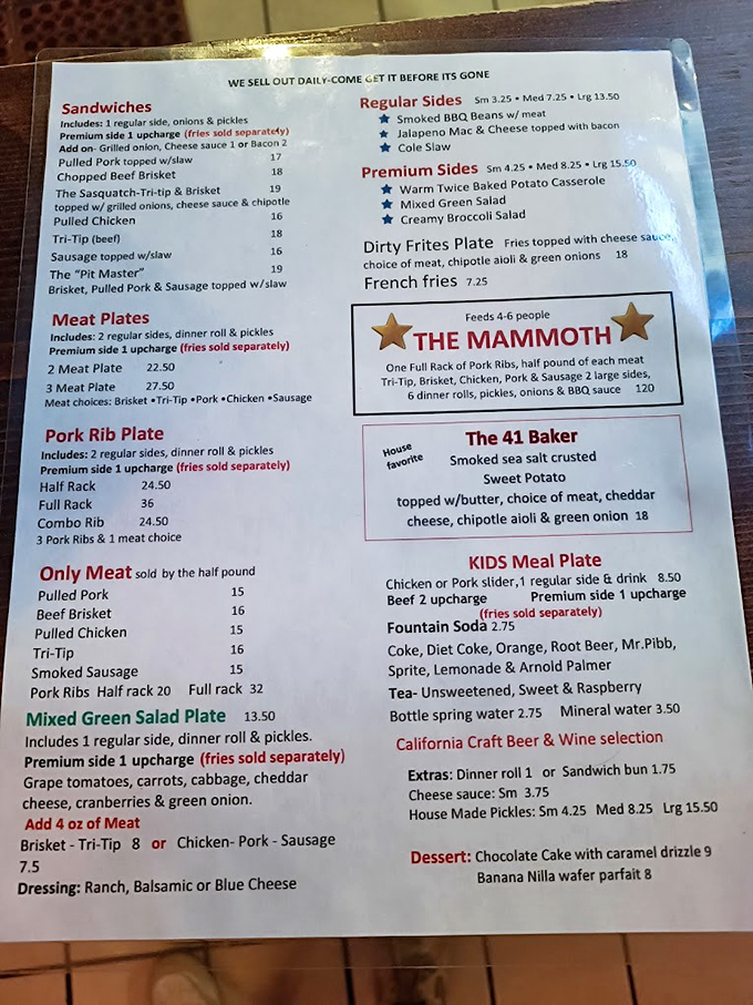 The menu reads like a carnivore's dream journal, with "The Mammoth" challenging even the heartiest appetites and "The 41 Baker" showcasing creative California flair.