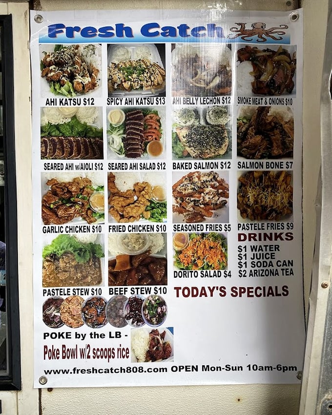 The menu board at Fresh Catch reads like a love letter to Hawaiian seafood traditions, with that famous fried chicken hiding in plain sight among oceanic treasures.
