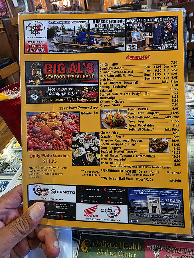 A menu that reads like a love letter to Louisiana seafood. When "market price" appears this often, you know you're in for freshness.