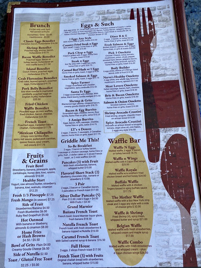 The breakfast menu reads like a love letter to morning indulgence, with enough Benedict variations to make even the most decisive eater pause with delicious uncertainty.