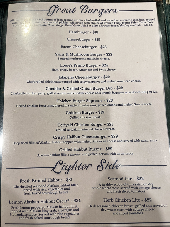 A menu that doesn't need fancy fonts or pretentious descriptions&mdash;just straightforward promises of half-pound burgers and halibut prepared every way imaginable.