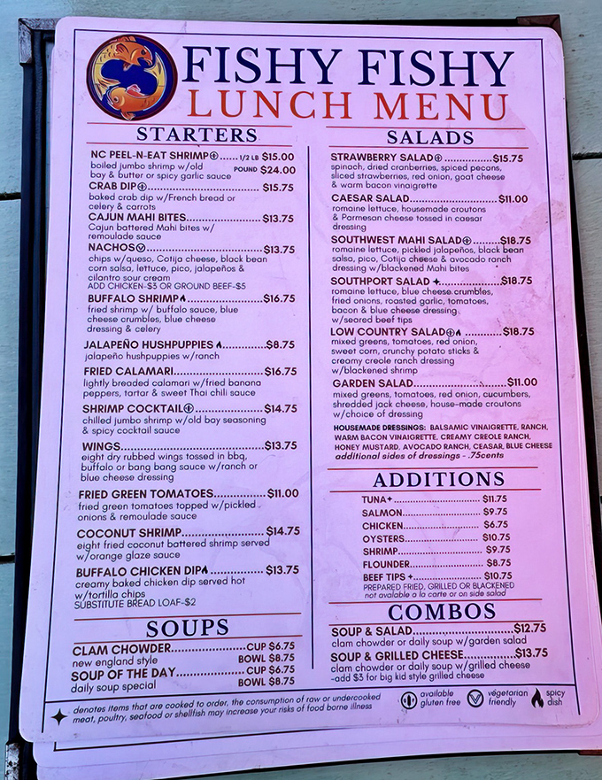 The menu reads like a love letter to the Atlantic, offering everything from NC Peel-N-Eat Shrimp to Cajun Mahi Bites. Decision paralysis has never been so delicious.