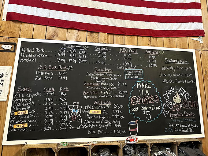 The chalkboard menu at Big Dan's doesn't just list options—it presents life choices. Each handwritten item represents a different path to happiness.