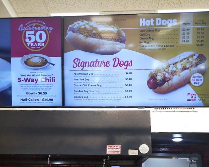 The menu board tells the whole story: unpretentious comfort food that's been perfected over five decades. That 5-Way Chili isn't "world famous" yet, but give it time.