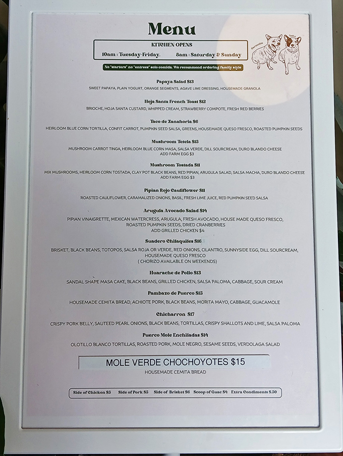 This isn't just a menu &ndash; it's a roadmap to flavor paradise. The Puerco Mole Enchiladas alone justify the GPS coordinates.