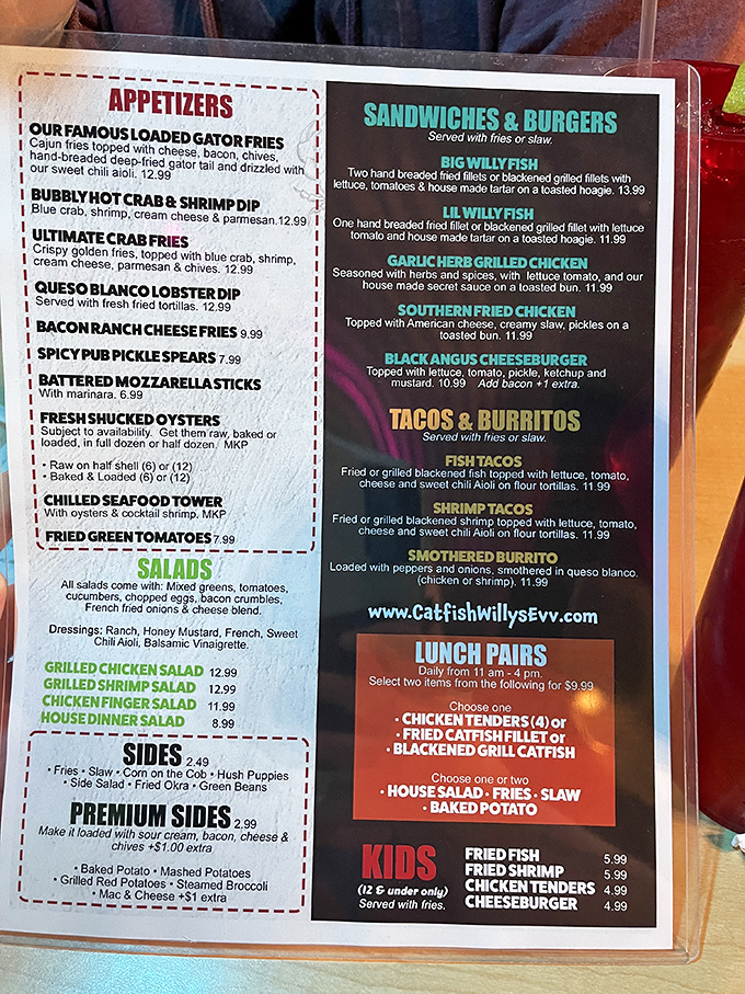 The menu reads like a love letter to seafood lovers, with everything from Loaded Gator Fries to Queso Blanco Lobster Dip.