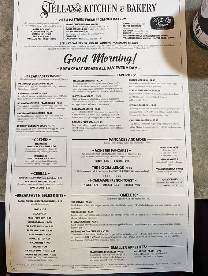 This menu isn't just a list of options&mdash;it's a roadmap to happiness. The "Monster Pancake Challenge" beckons to brave souls.